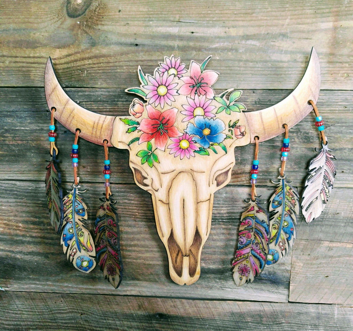 Bright, Colorful, DIY Bull Skull with Feathers| Personal Handcrafted ...
