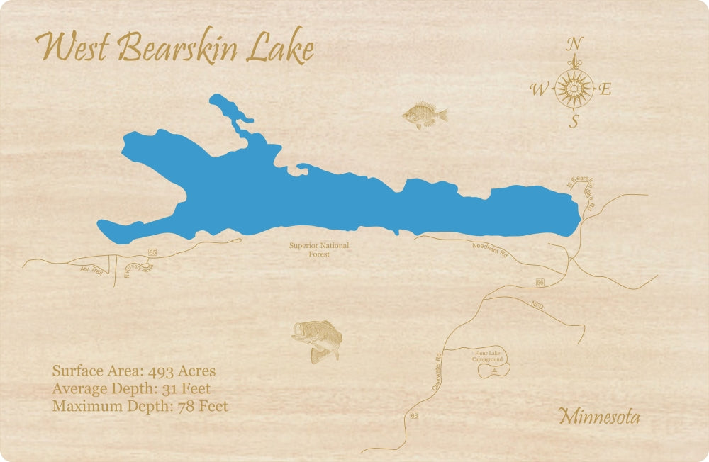 West Bearskin Lake, MN - Laser Cut Wood Map| Personal Handcrafted Displays