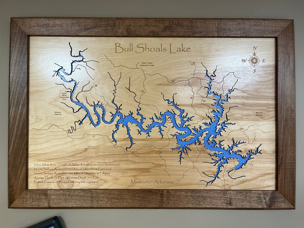 Bull Shoals Lake, AR - Laser Engraved Wood Map Overflow Sale Special ...