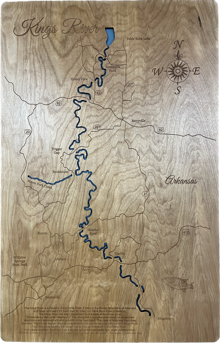 Kings River, Arkansas - Laser Engraved Wood Map Overflow Sale Special ...
