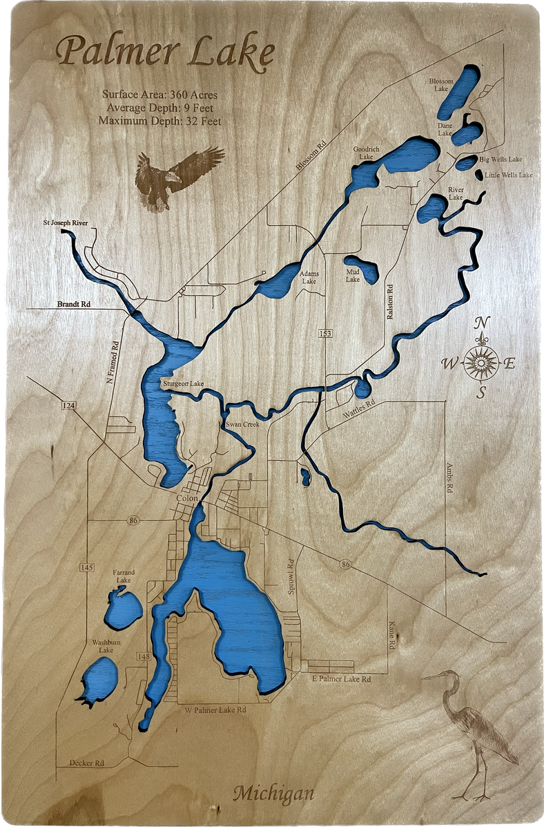 Palmer Lake, Michigan - Laser Engraved Wood Map Overflow Sale Special ...