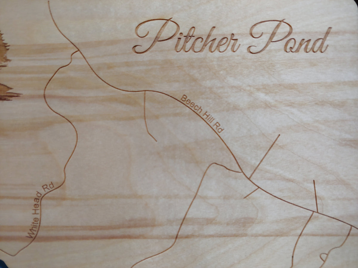 Pitcher Pond, Maine - laser cut wood map| Personal Handcrafted Displays