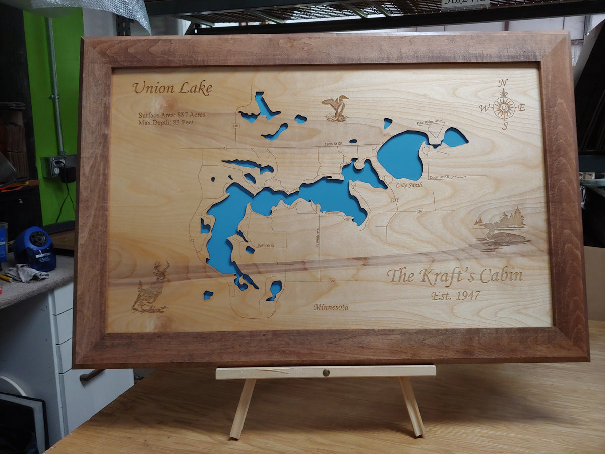 Union Lake, Minnesota - laser cut wood map| Personal Handcrafted Displays
