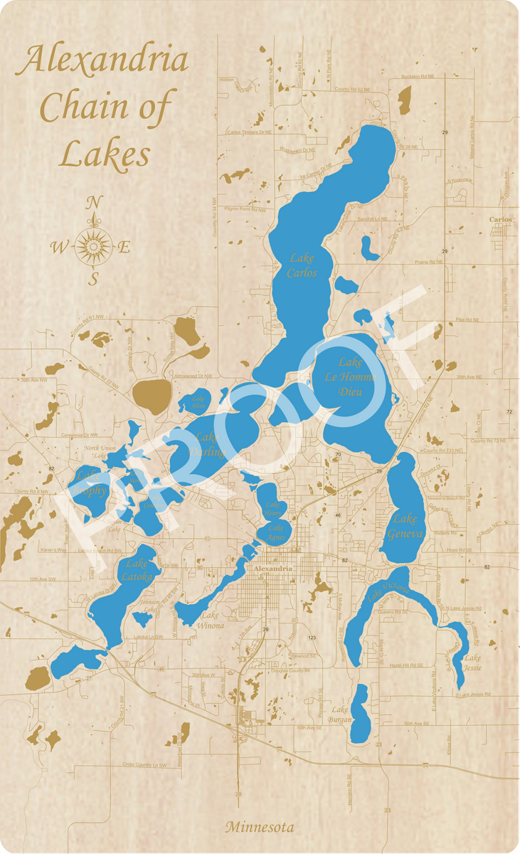 Alexandria Chain of Lakes, Minnesota, USA - Laser Cut Wood Map ...