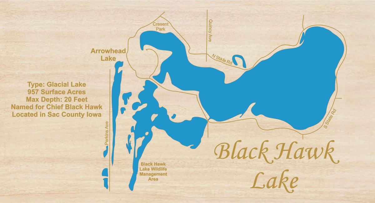 Black Hawk Lake, IA - Laser Cut Wood Map| Personal Handcrafted Displays