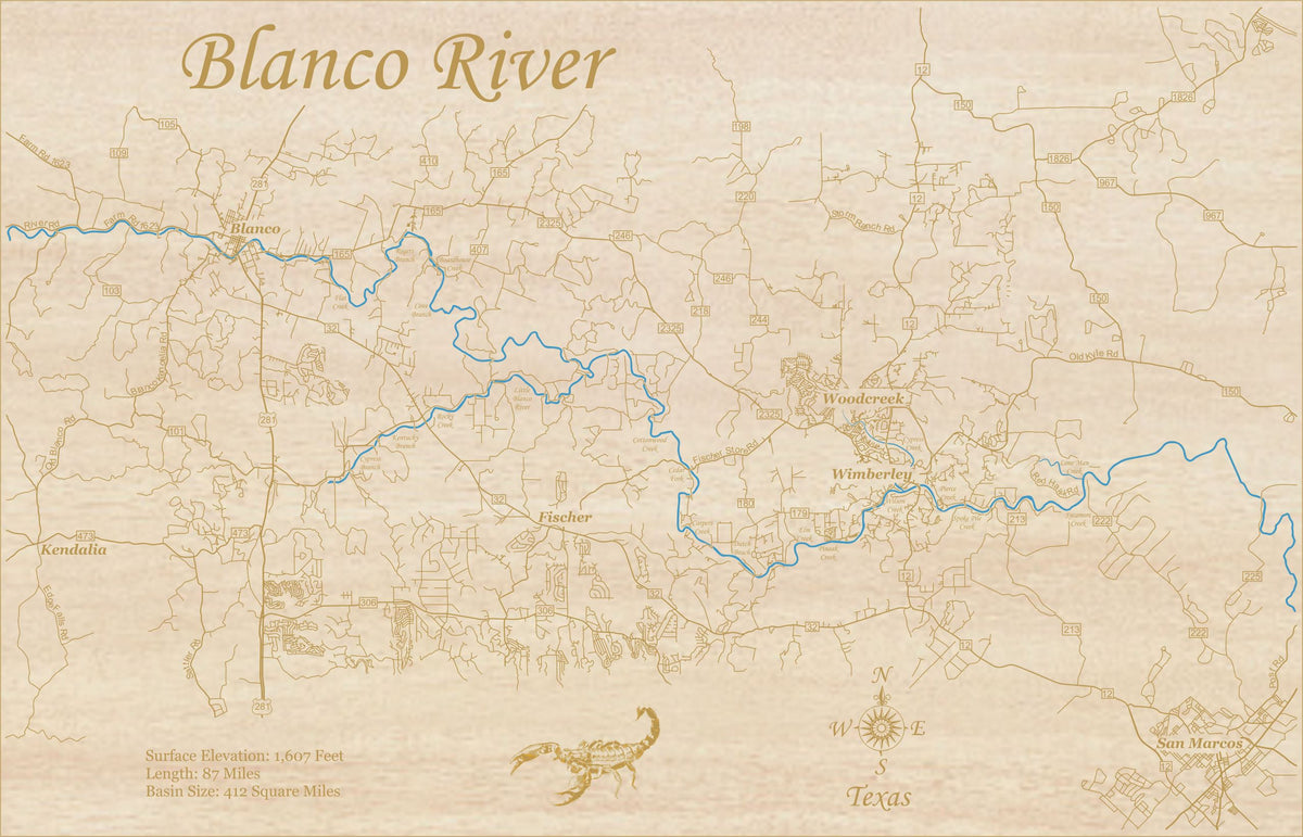 Blanco River, Texas - Laser Cut Wood Map| Personal Handcrafted Displays