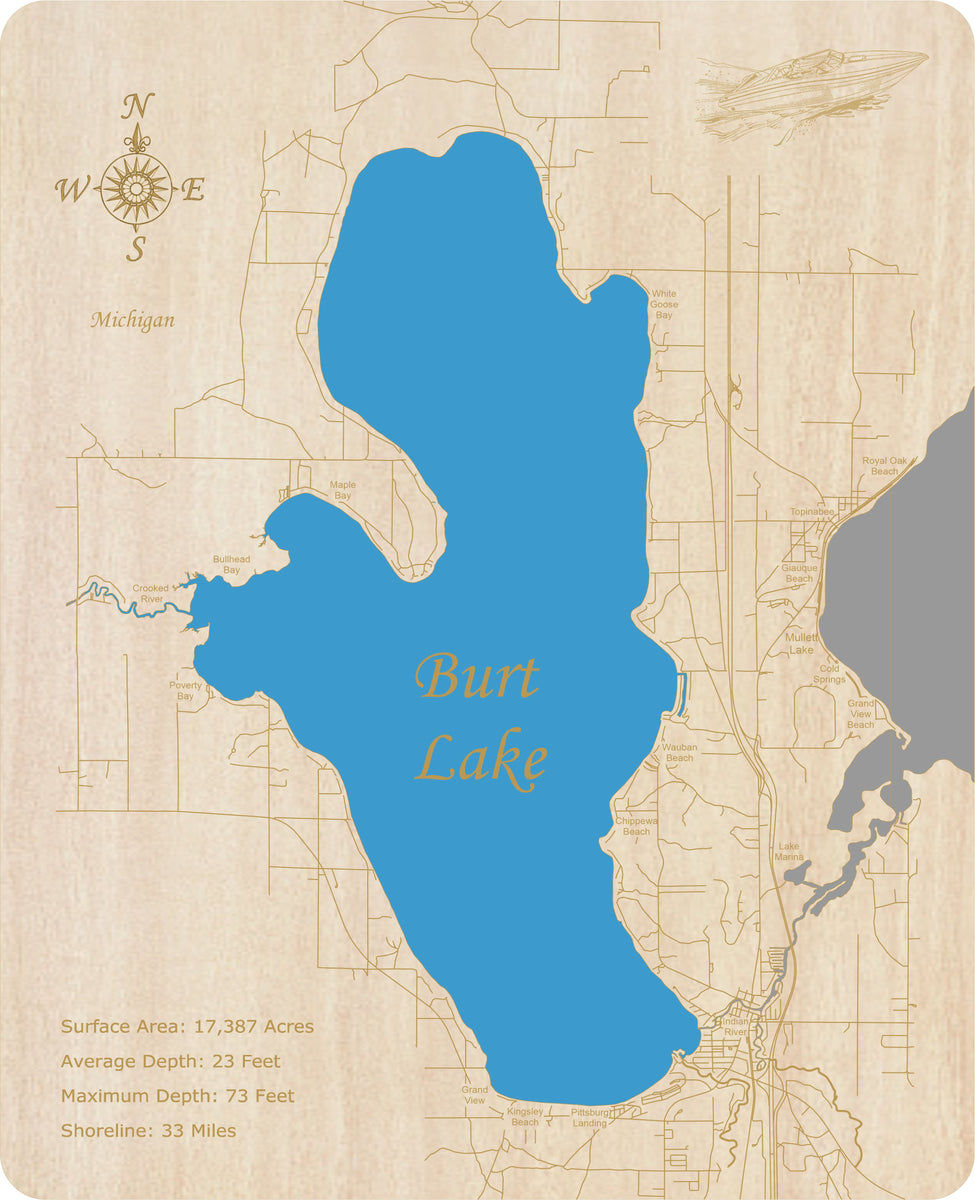 Burt Lake, Michigan - Laser Cut Wood Map| Personal Handcrafted Displays