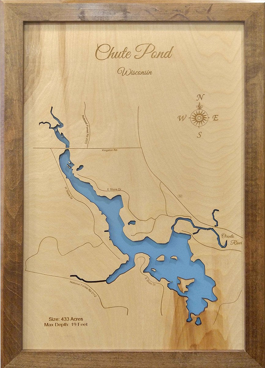Chute Pond, Wisconsin - Laser Cut Wood Map| Personal Handcrafted Displays
