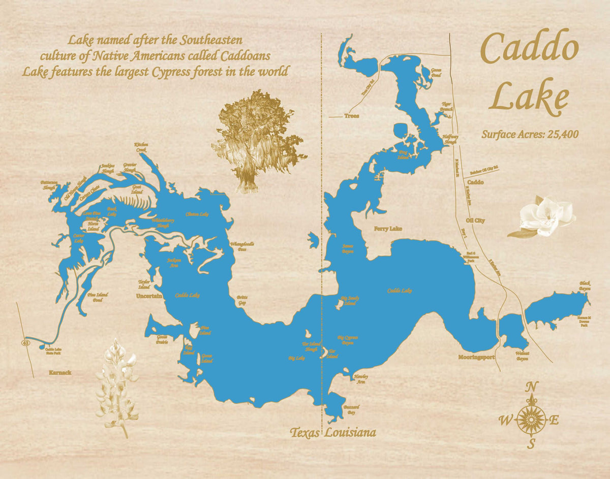 Caddo Lake in Texas and Louisiana - Laser Cut Wood Map| Personal ...