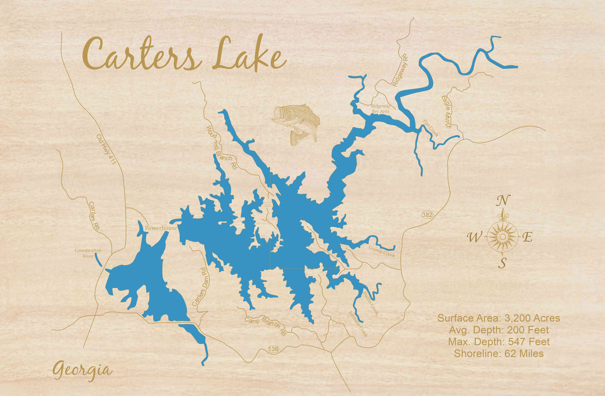 Carters Lake, Georgia - Laser Cut Wood Map| Personal Handcrafted Displays