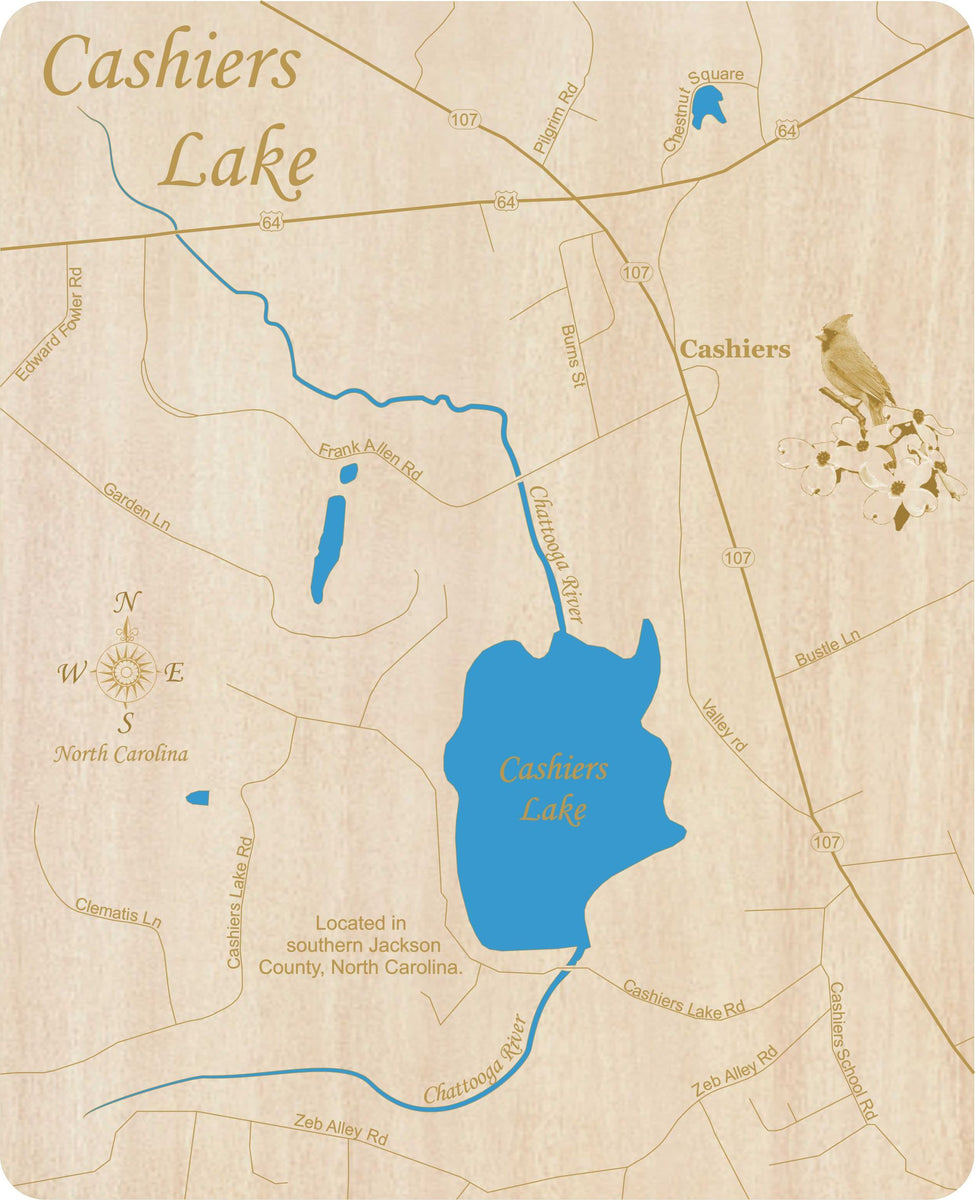 Cashiers Lake, NC - Laser Cut Wood Map| Personal Handcrafted Displays