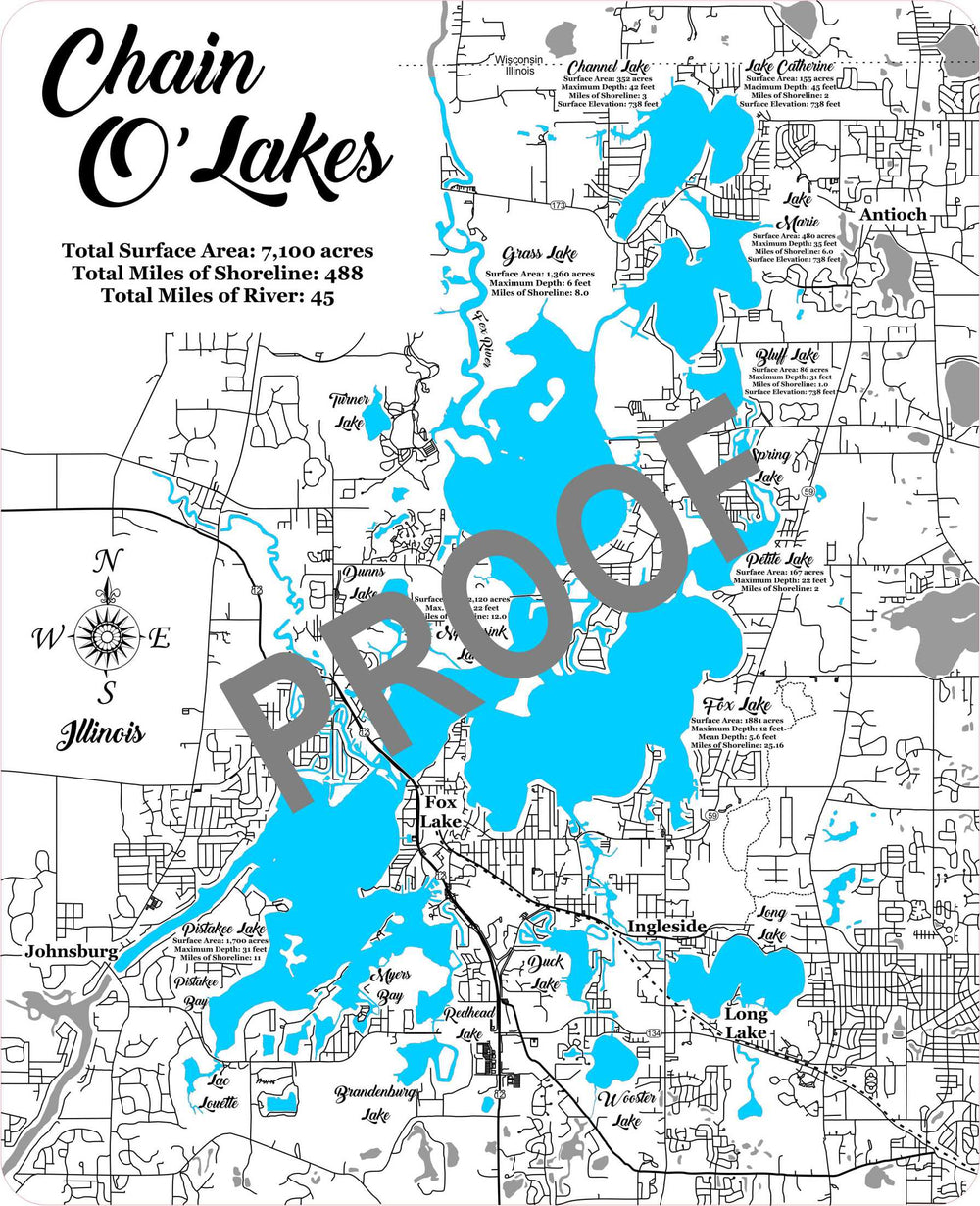 Chain O' Lakes, Illinois - Laser Cut Wood Map| Personal Handcrafted ...