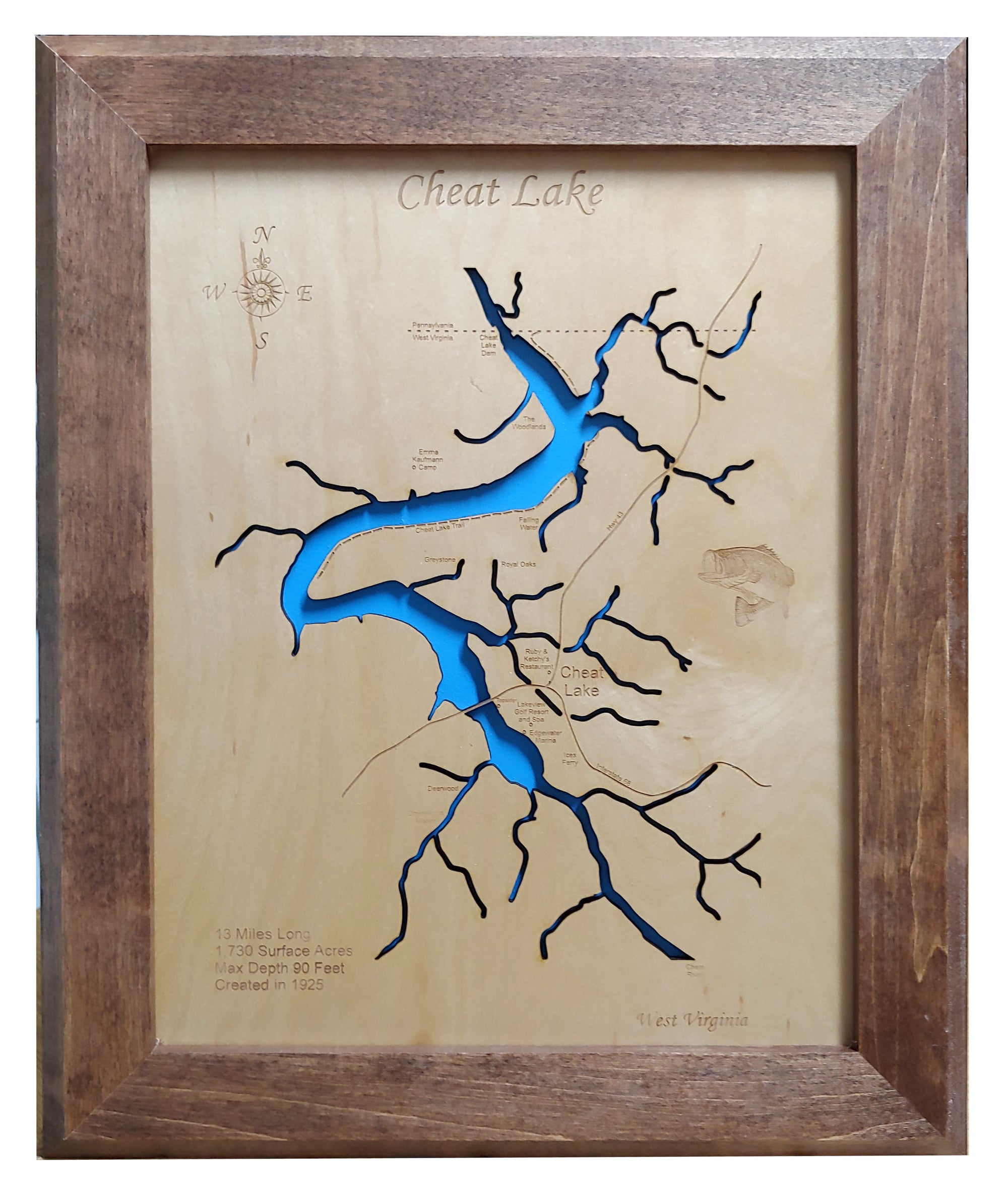 Cheat Lake, West Virginia - Laser Cut Wood Map| Personal Handcrafted ...