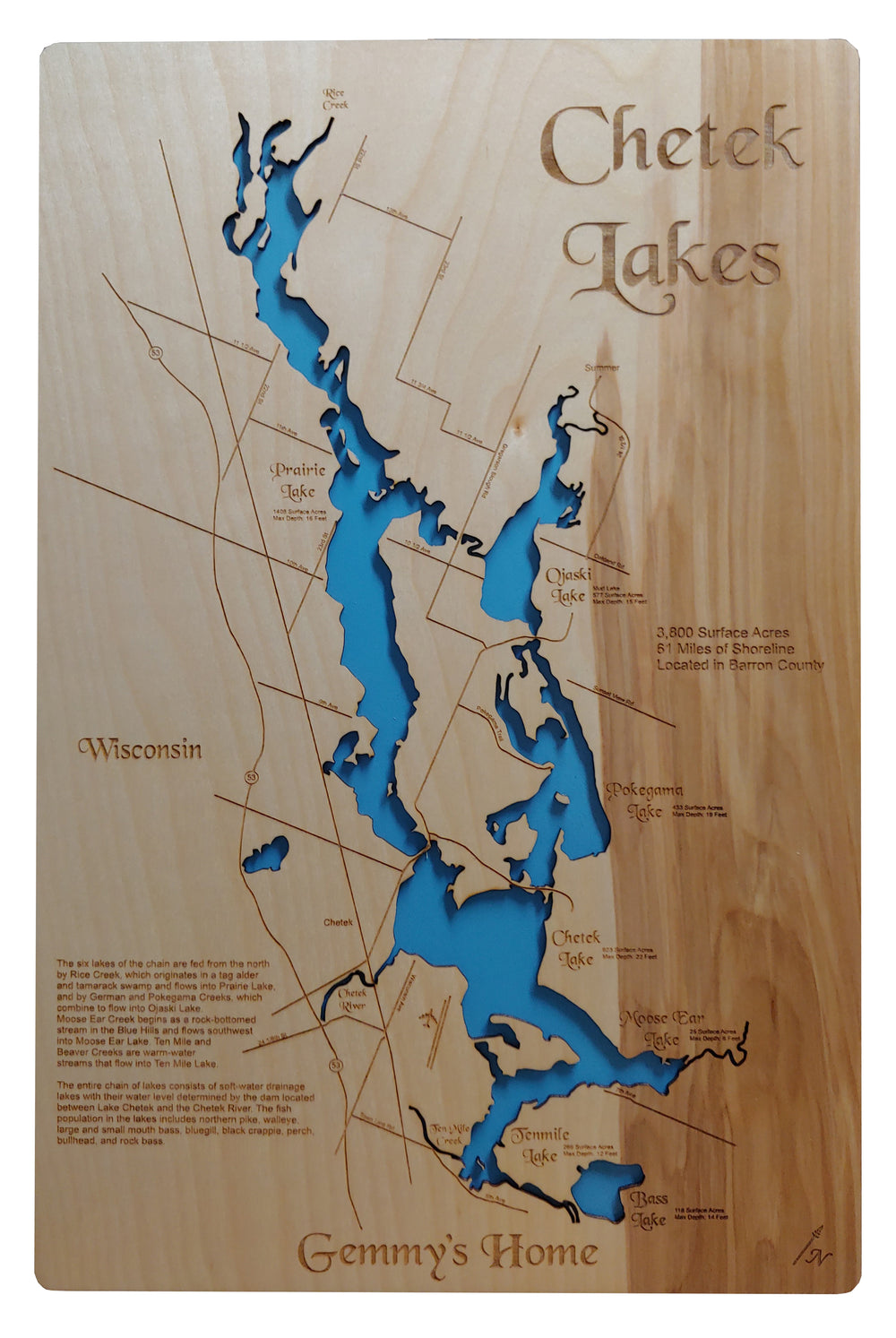 Chetek Chain of Lakes, Wisconsin - Laser Cut Wood Map| Personal ...