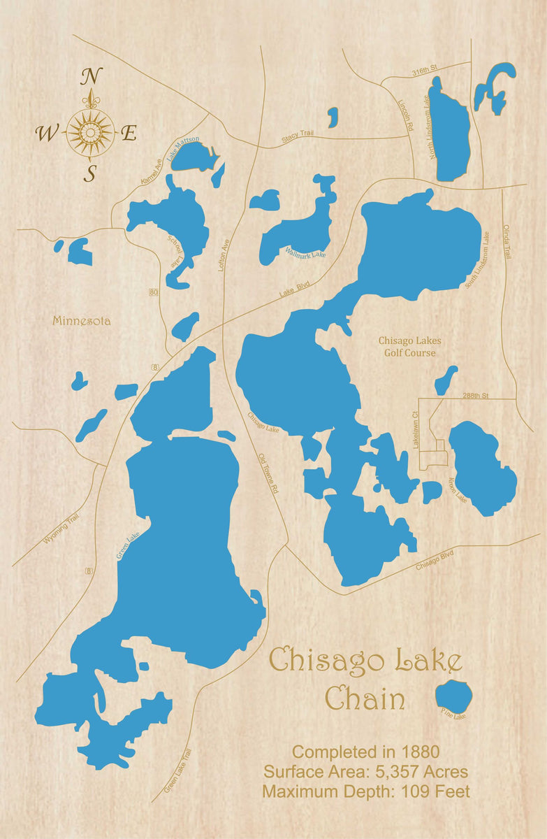 Chisago Lakes Chain, Minnesota - Laser Cut Wood Map| Personal ...