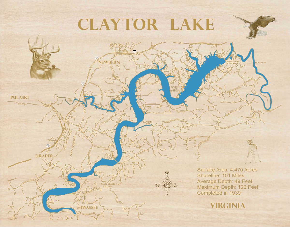 Claytor Lake, Virginia - Laser Cut Wood Map| Personal Handcrafted Displays