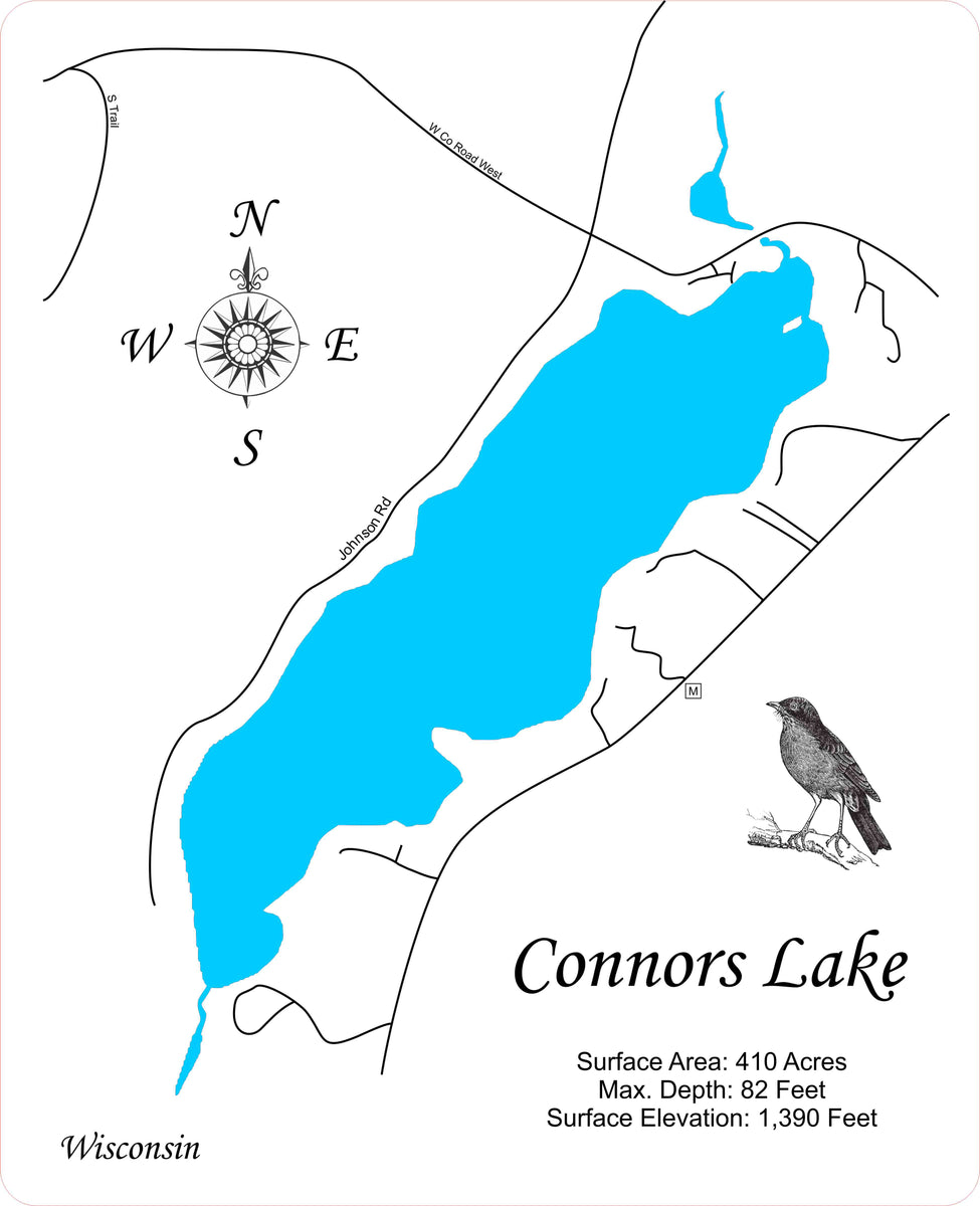 Connors Lake, Wisconsin - Sawyer County - Laser Cut Wood Map| Personal ...