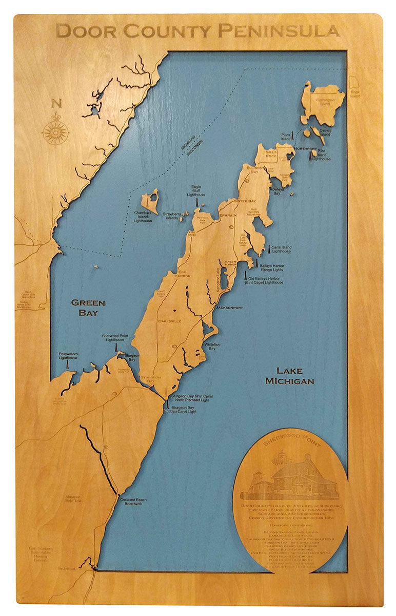 Door County Peninsula, Wisconsin - Laser Cut Wood Map| Personal ...