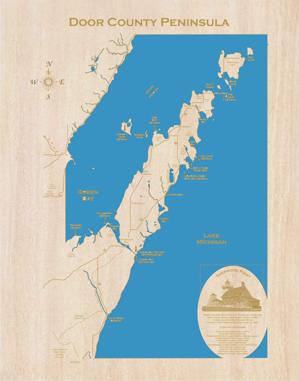 Door County Peninsula, Wisconsin - Laser Cut Wood Map| Personal ...