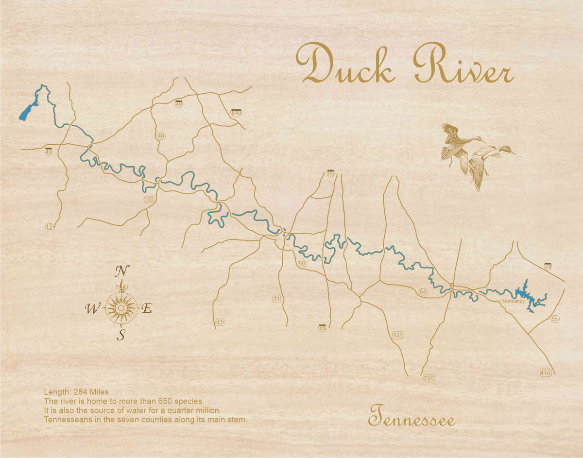 Duck River, Tennessee - Laser Cut Wood Map| Personal Handcrafted Displays