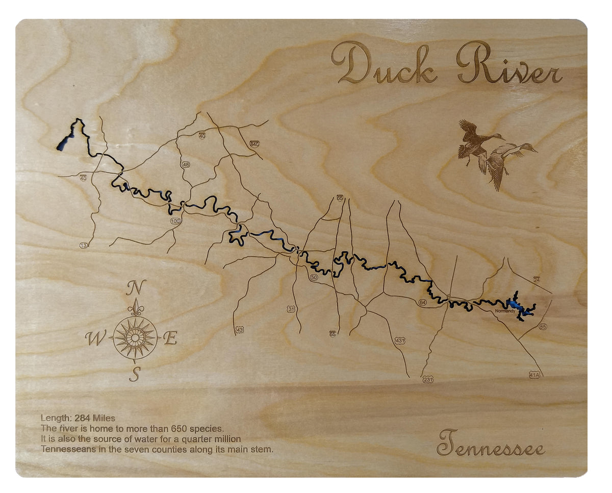 Duck River, Tennessee - Laser Cut Wood Map| Personal Handcrafted Displays