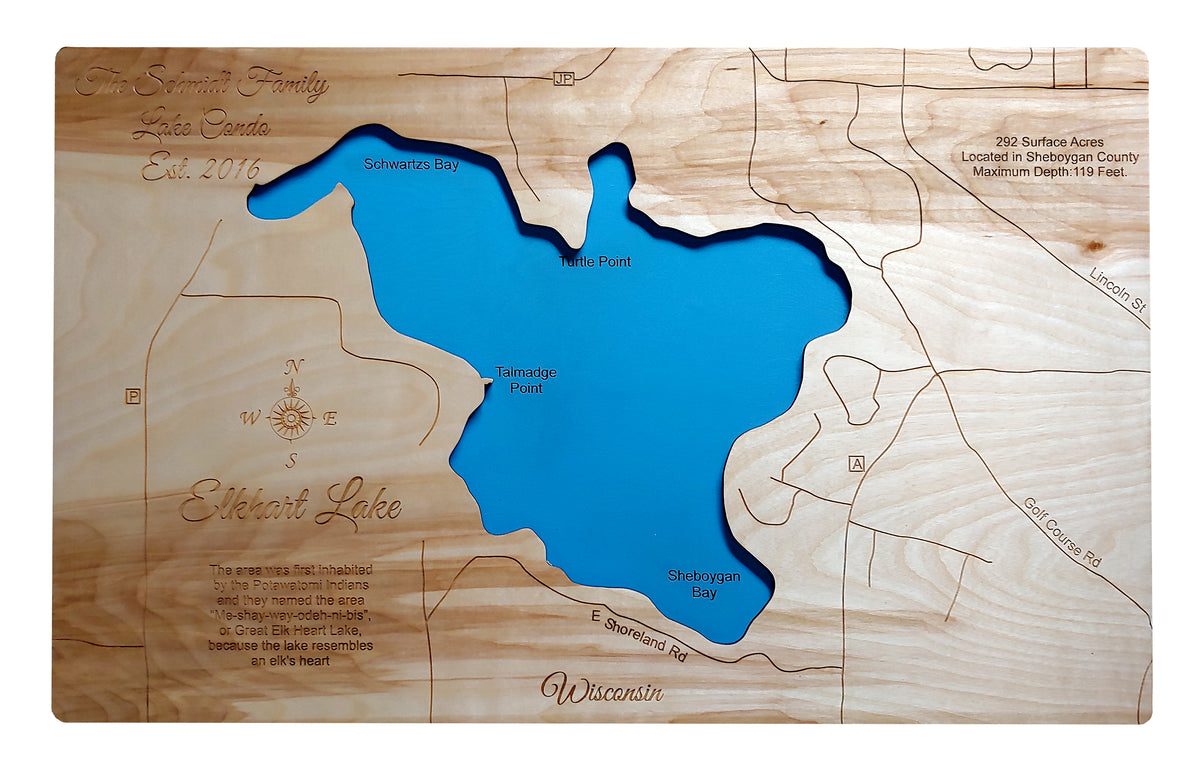 Elkhart Lake, Wisconsin - Laser Cut Wood Map| Personal Handcrafted Displays