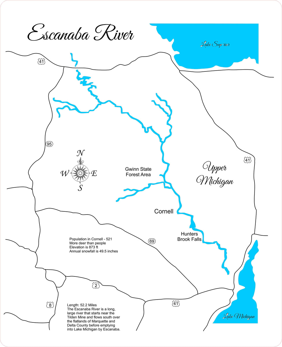 Escanaba River, Michigan - Laser Cut Wood Map| Personal Handcrafted ...