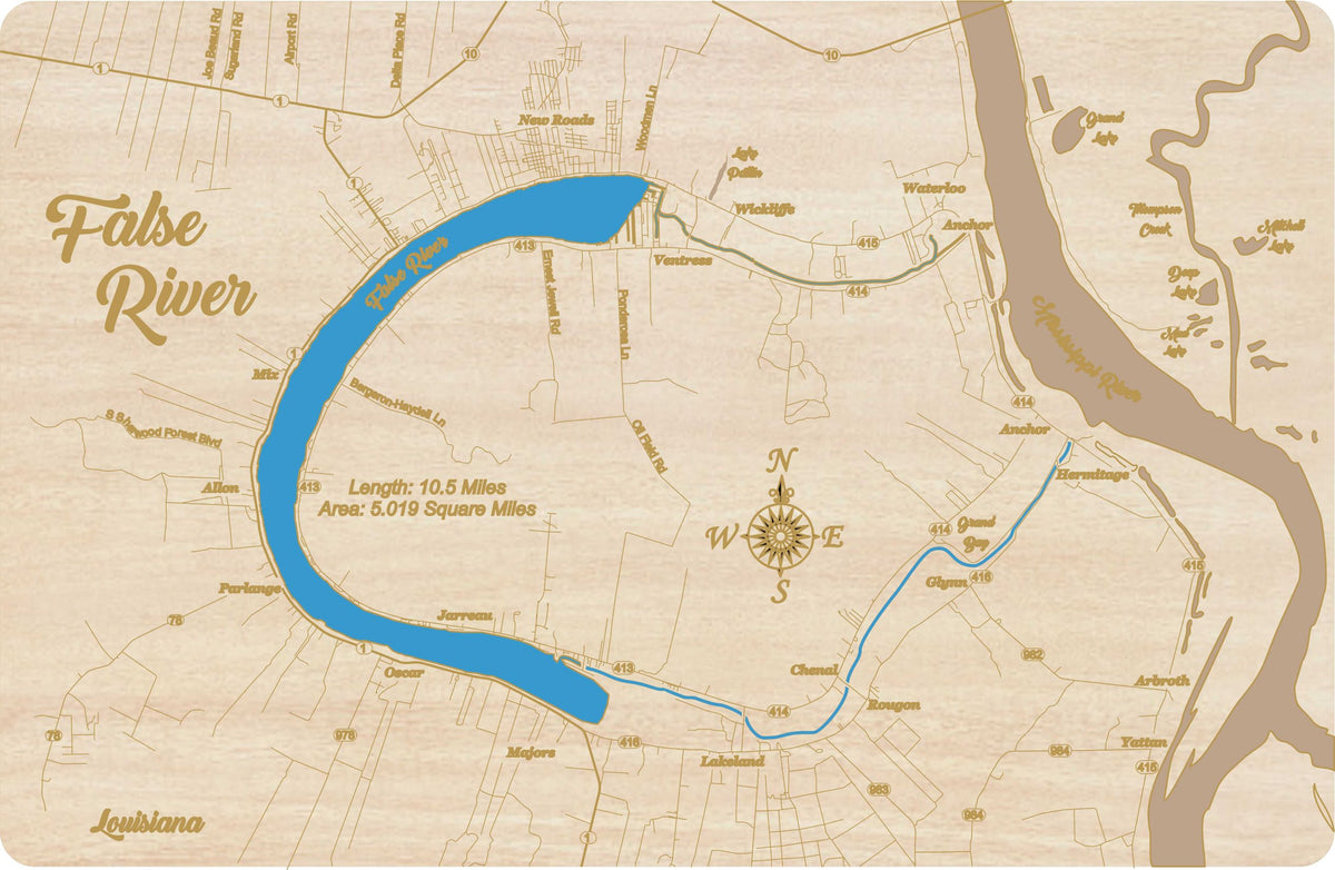 False River, Louisiana, United States - Laser Cut Wood Map| Personal ...
