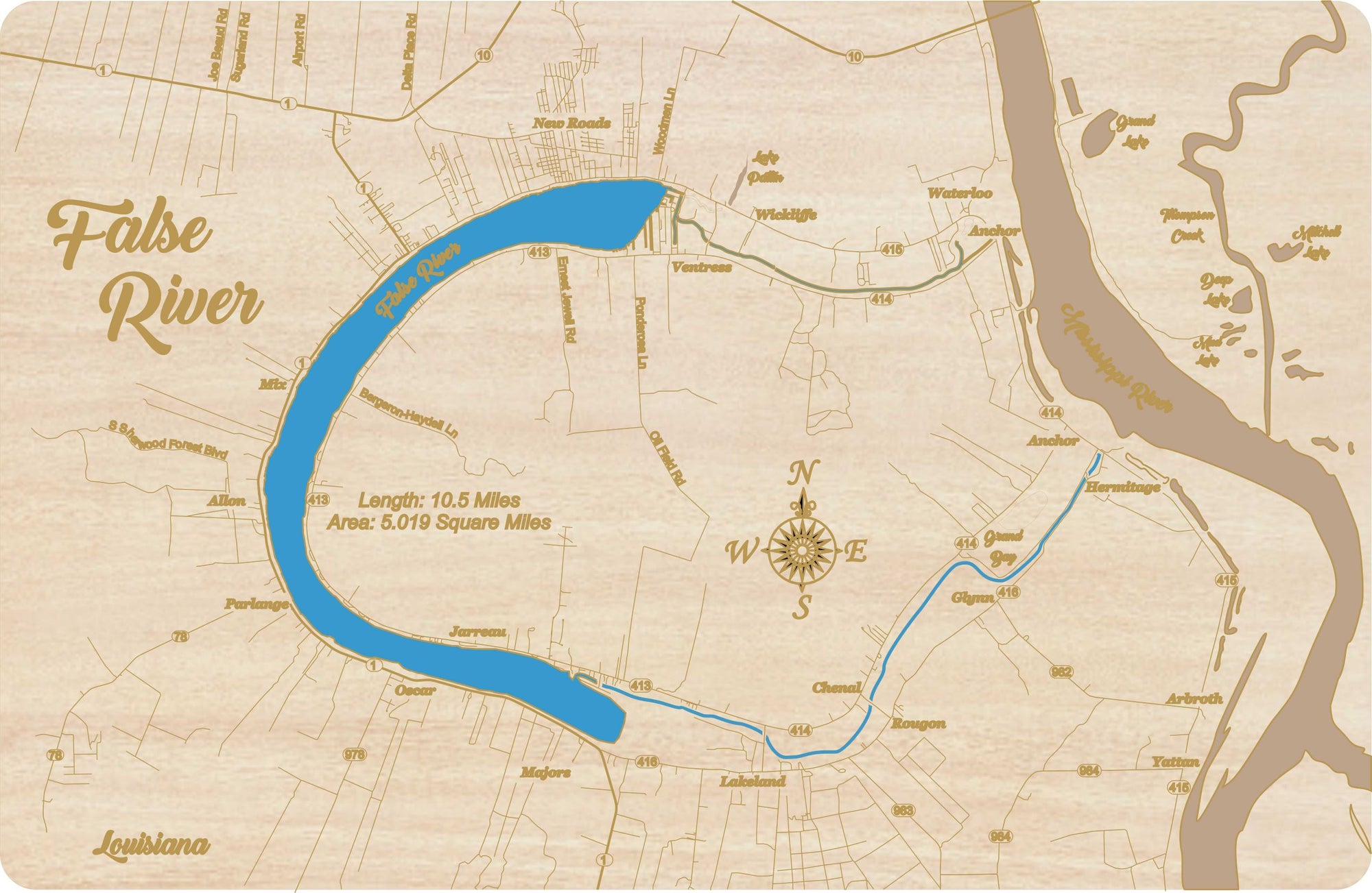 False River, Louisiana, United States - Laser Cut Wood Map| Personal ...