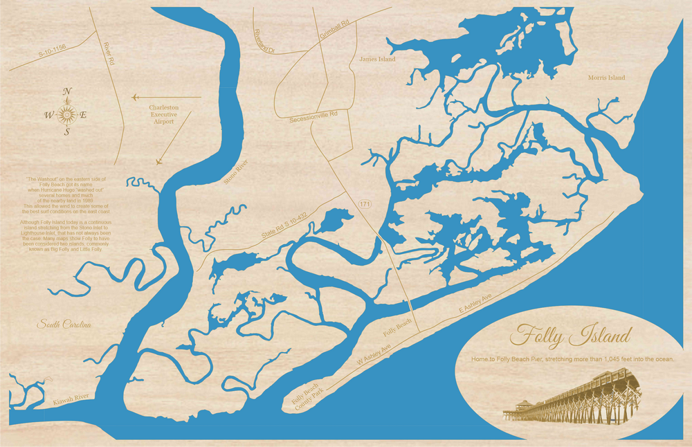 Folly Island, South Carolina - Coastal Map - laser cut wood map ...