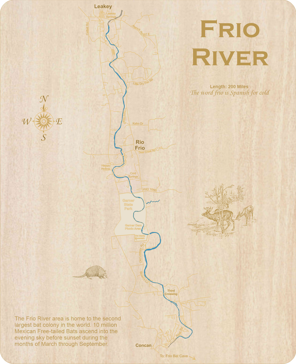 Frio River, Texas - Laser Cut Wood Map| Personal Handcrafted Displays