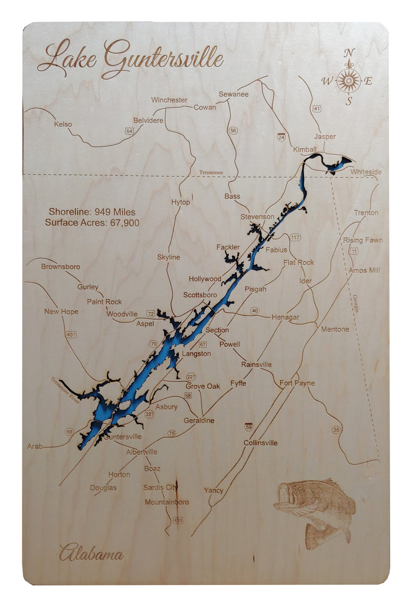 Lake Guntersville, Alabama - Laser Cut Wood Map| Personal Handcrafted ...