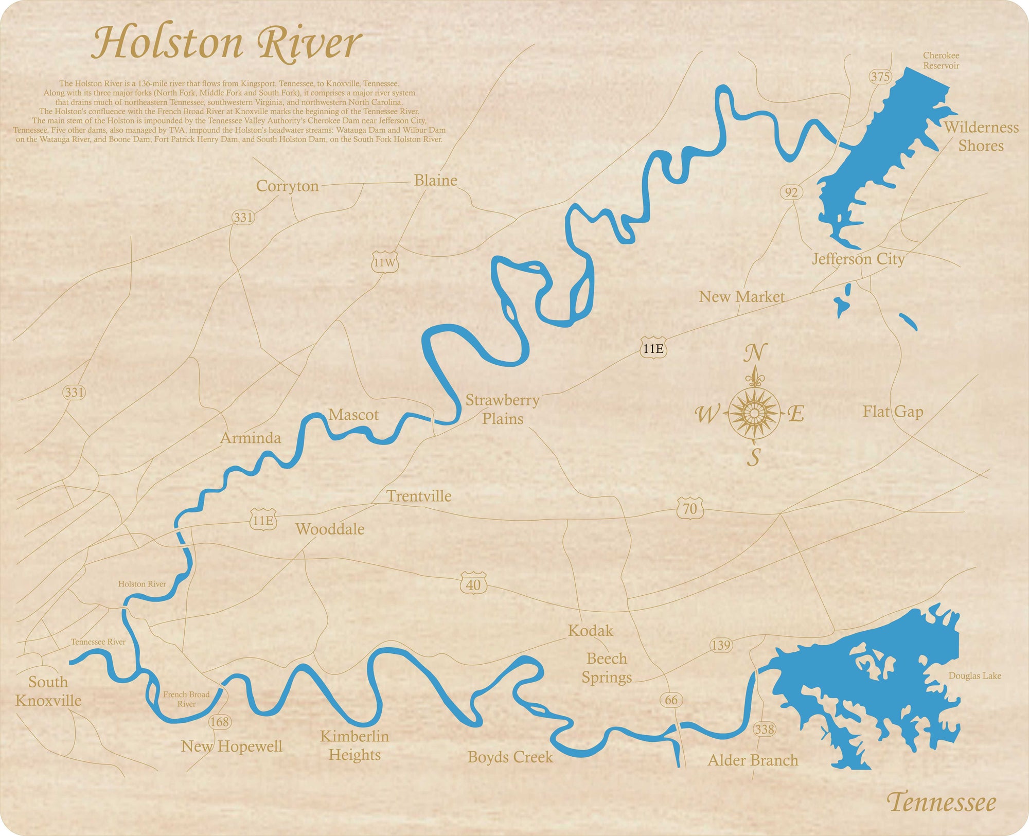 Holston River, Tennessee - Laser Cut Wood Map| Personal Handcrafted ...