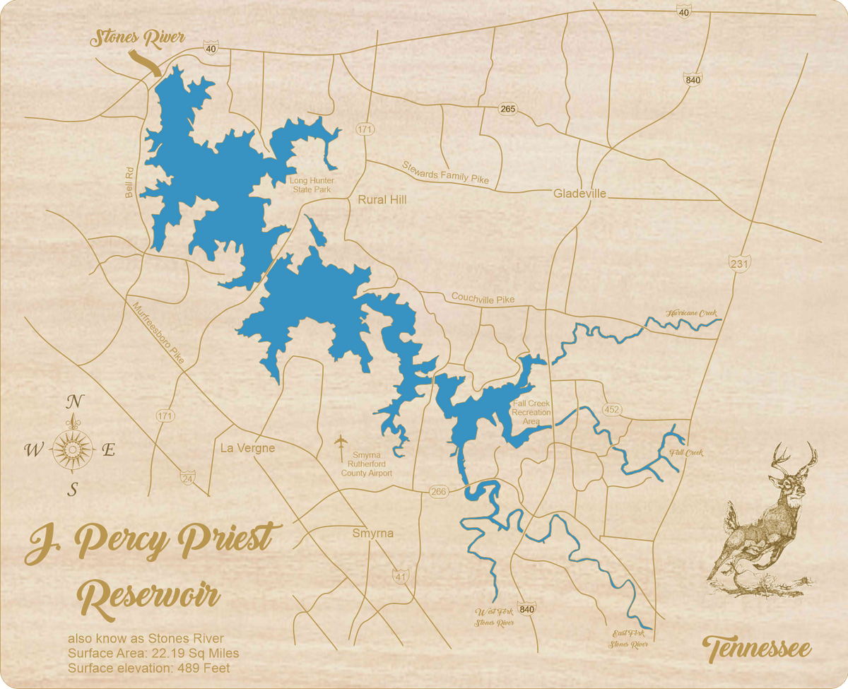 J. Percy Priest Reservoir, Tennessee - Laser Cut Wood Map| Personal ...