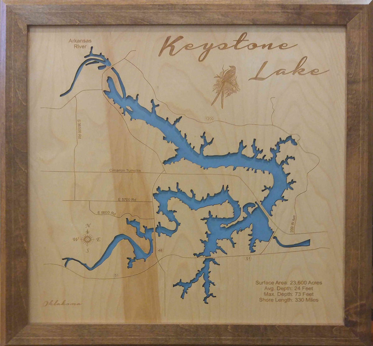 Keystone Lake, Oklahoma - Laser Cut Wood Map| Personal Handcrafted Displays