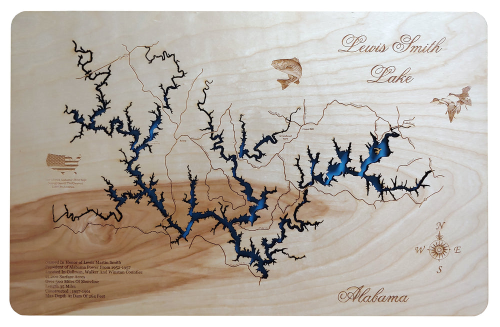 Lewis Smith Lake, AL - Laser Cut Wood Map| Personal Handcrafted Displays