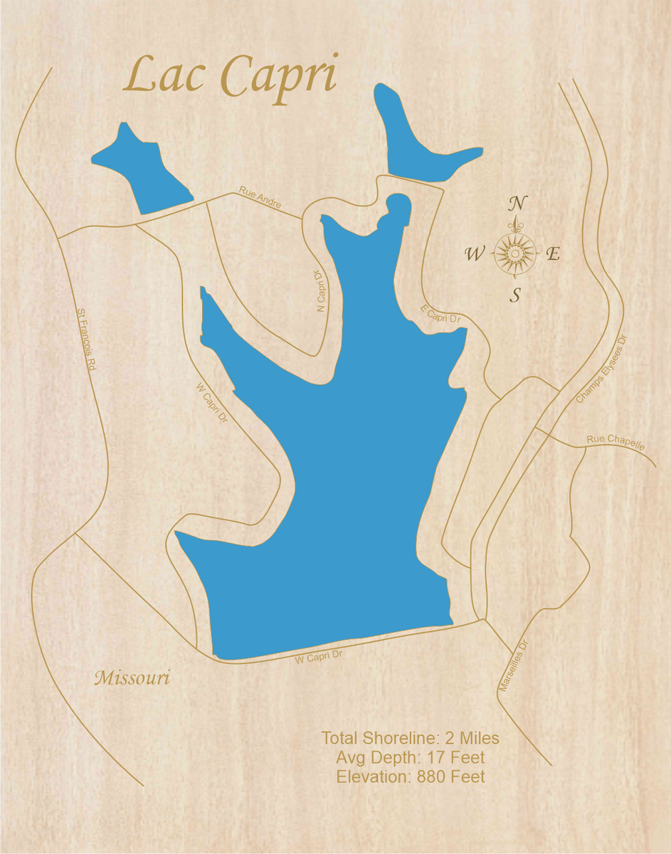 Lac Capri, Missouri - Laser Cut Wood Map| Personal Handcrafted Displays