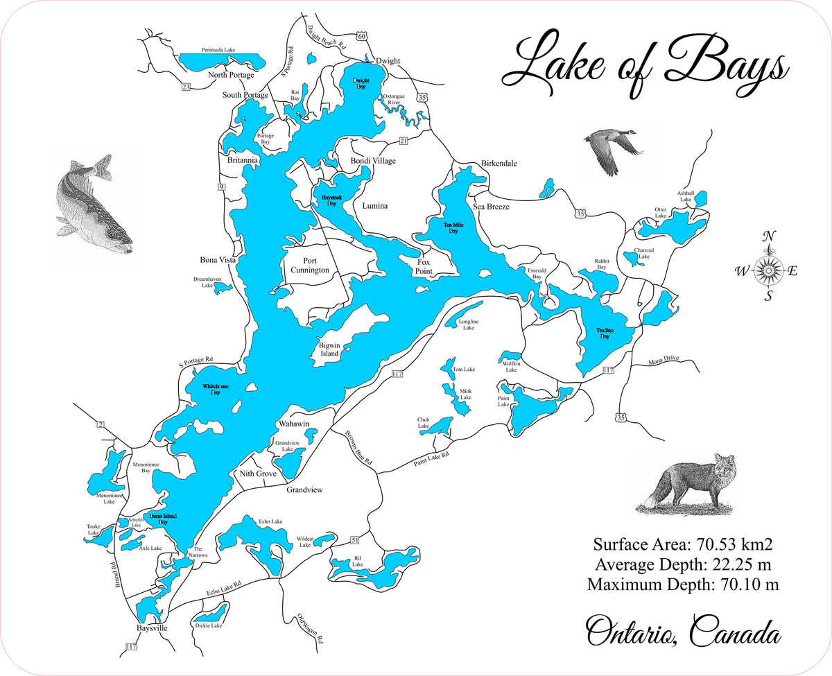 Lake of Bays, Ontario - Laser Cut Wood Map| Personal Handcrafted Displays