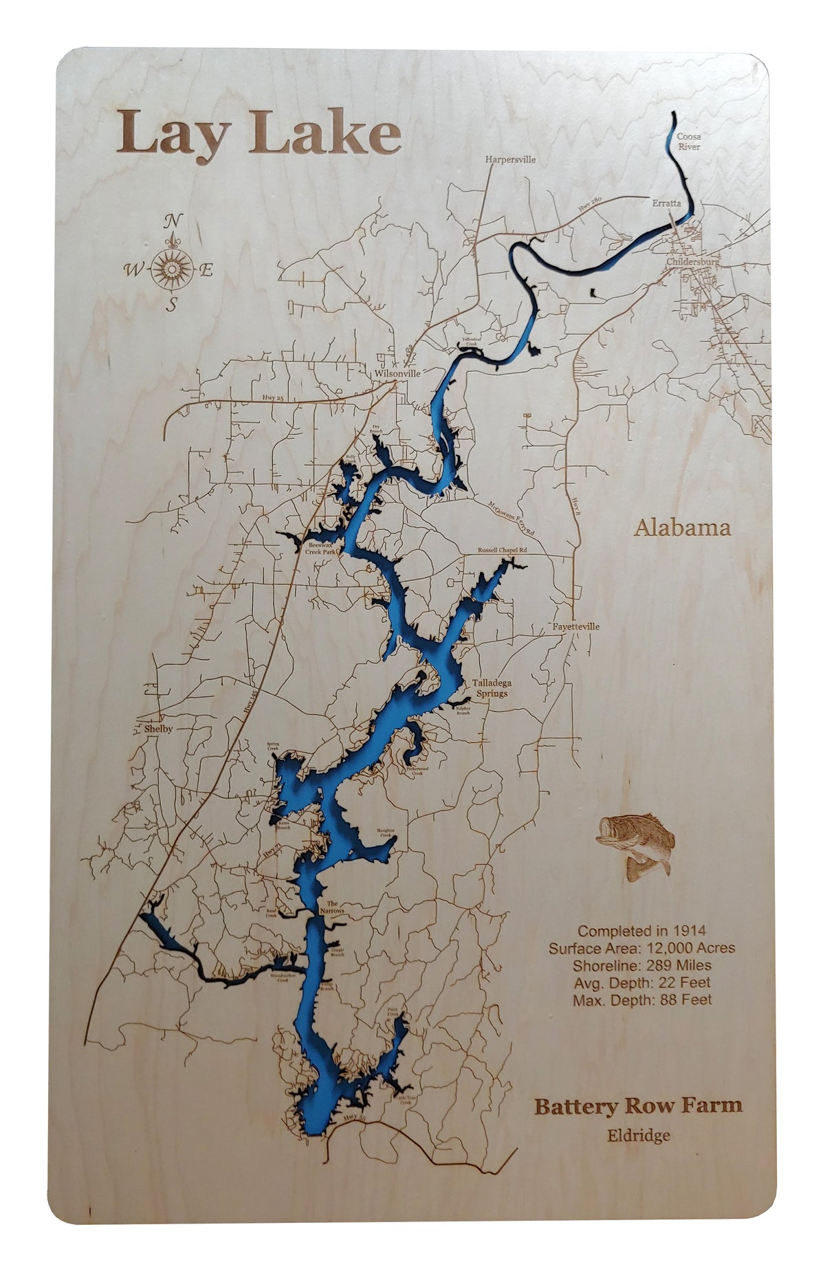 Lay Lake, Alabama - Laser Cut Wood Map| Personal Handcrafted Displays