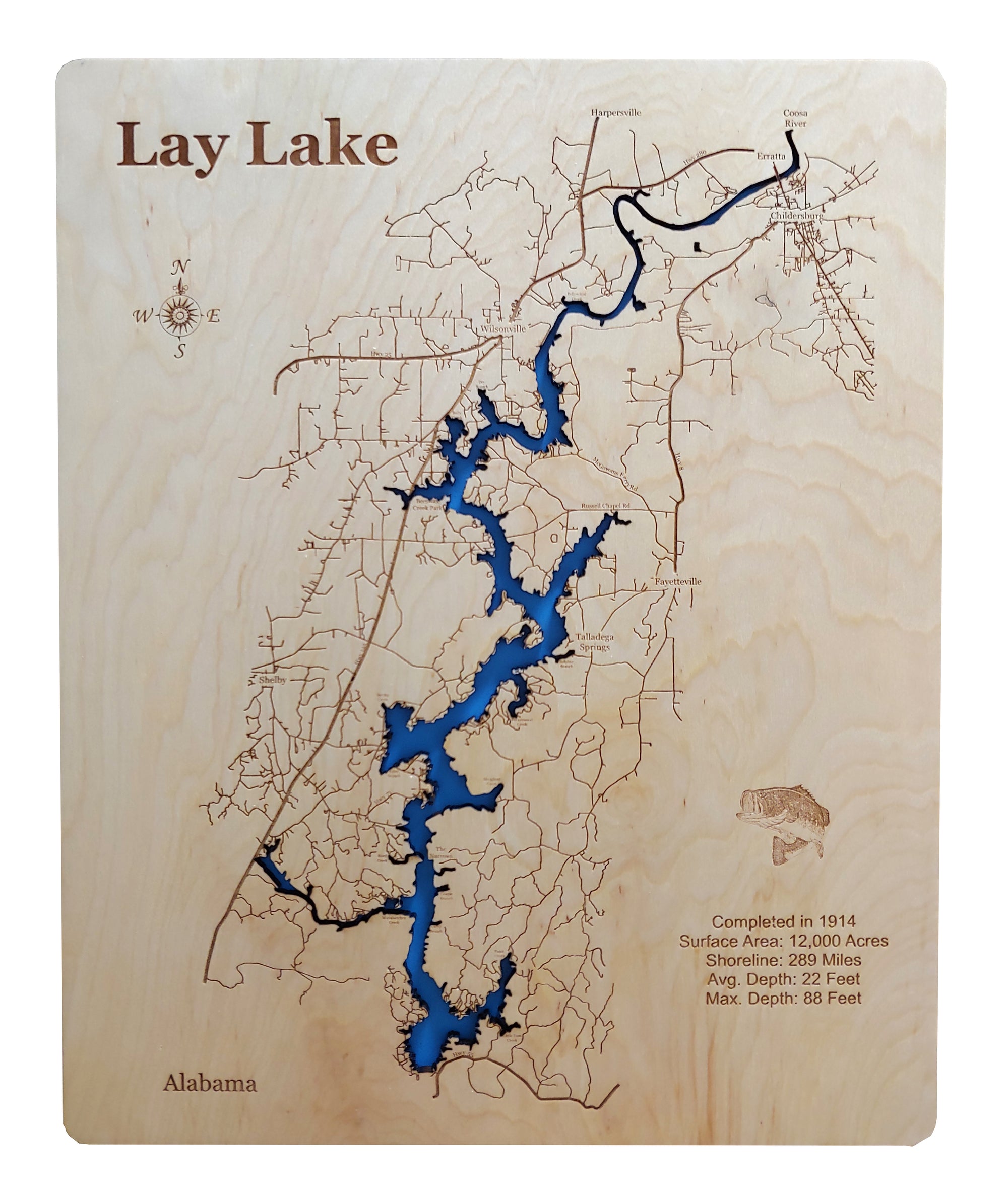 Lay Lake, Alabama - Laser Cut Wood Map| Personal Handcrafted Displays