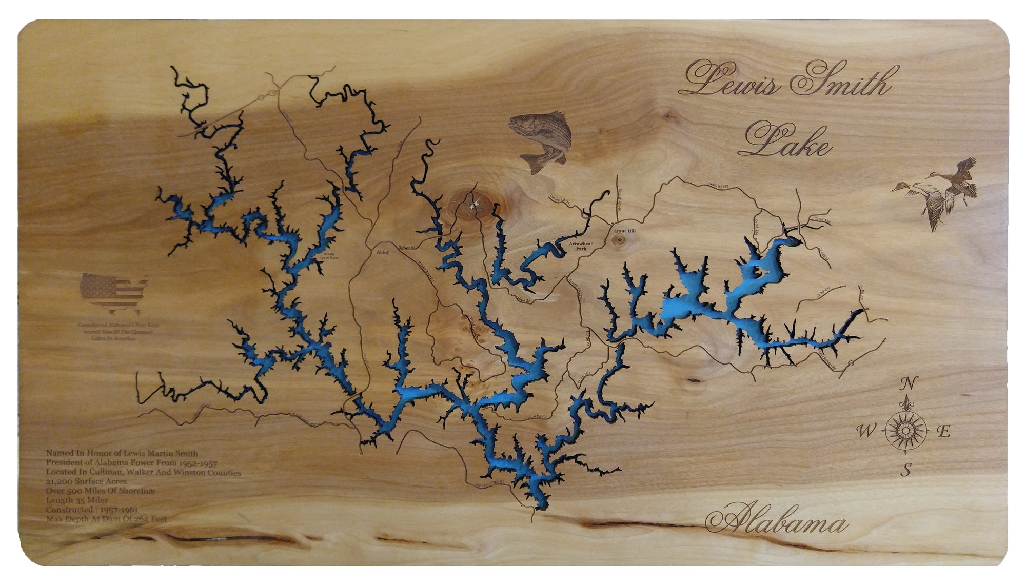 Lewis Smith Lake, AL - Laser Cut Wood Map| Personal Handcrafted Displays