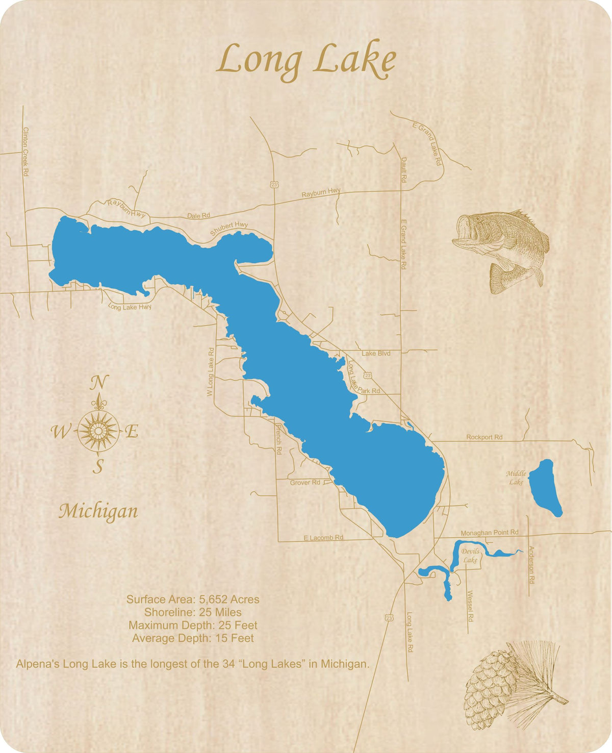 Long Lake, Michigan - Laser Cut Wood Map| Personal Handcrafted Displays