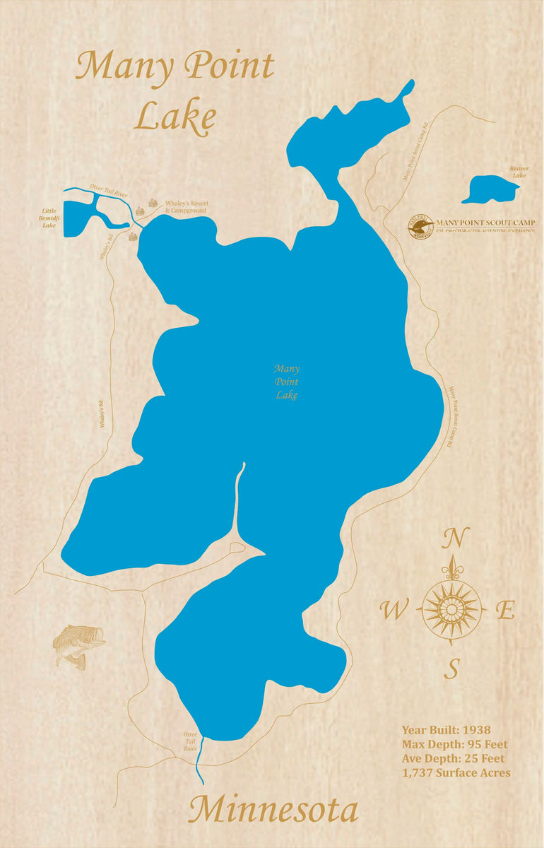 Many Point Lake, Minnesota - Laser Cut Wood Map| Personal Handcrafted ...