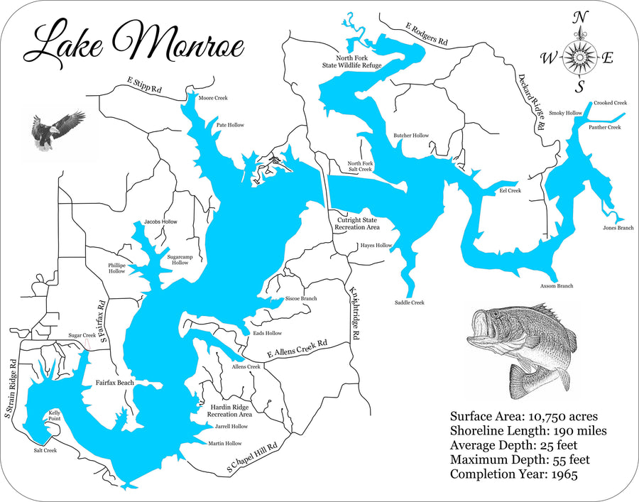 Lake Monroe, Indiana - Laser Cut Wood Map| Personal Handcrafted Displays