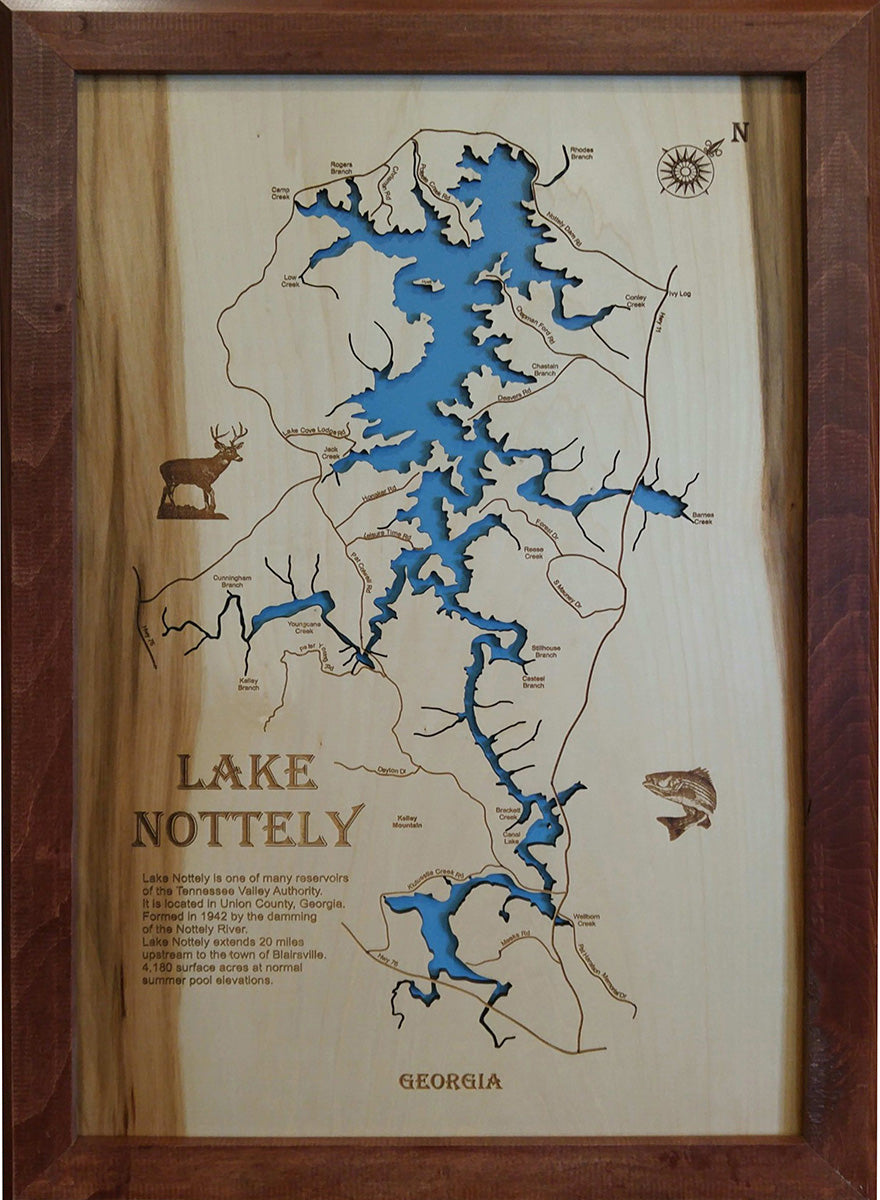 Lake Nottely, Georgia - Laser Cut Wood Map| Personal Handcrafted Displays