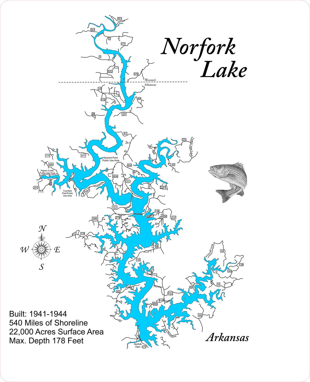 Norfork Lake, Arkansas - Laser Cut Wood Map| Personal Handcrafted Displays