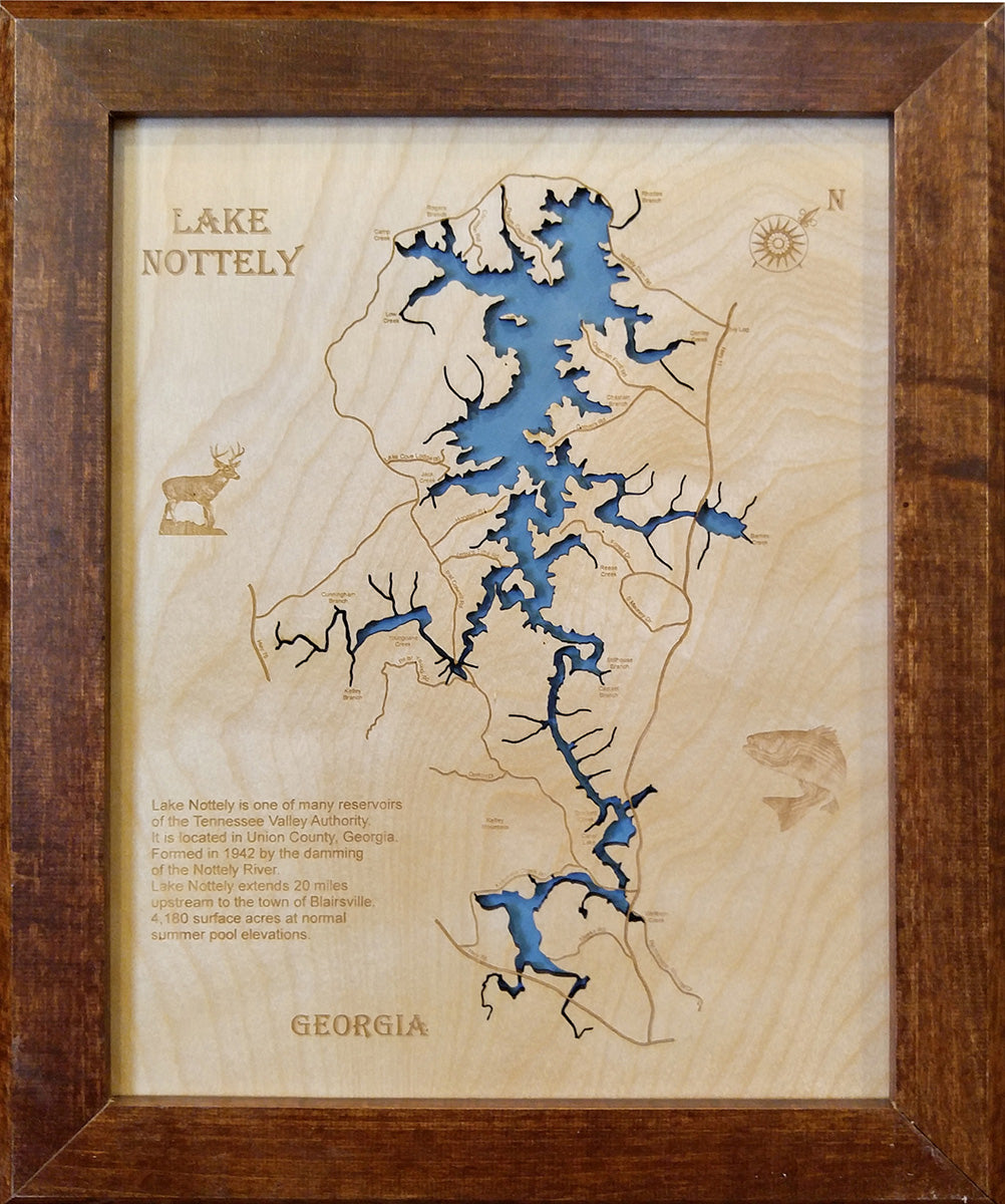 Lake Nottely, Georgia - Laser Cut Wood Map| Personal Handcrafted Displays