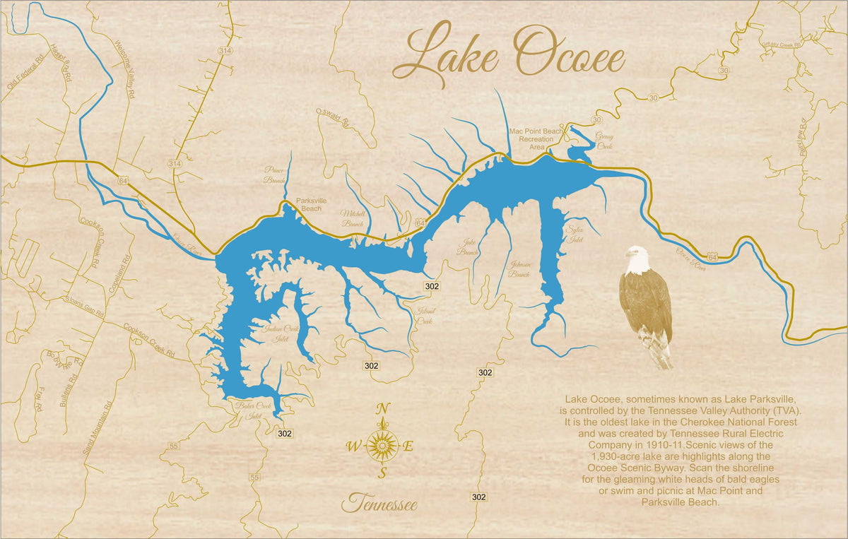 Ocoee Lake, Tennessee - Laser Cut Wood Map| Personal Handcrafted Displays