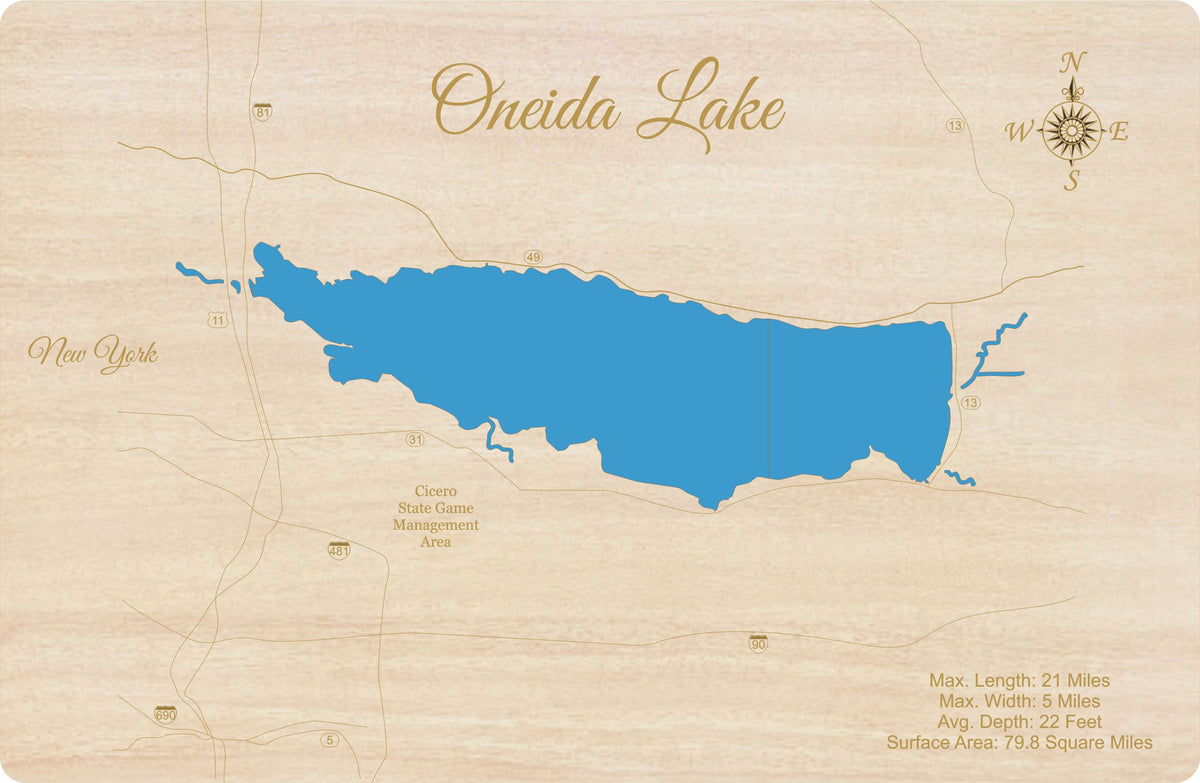 Oneida Lake, New York - laser cut wood map| Personal Handcrafted Displays