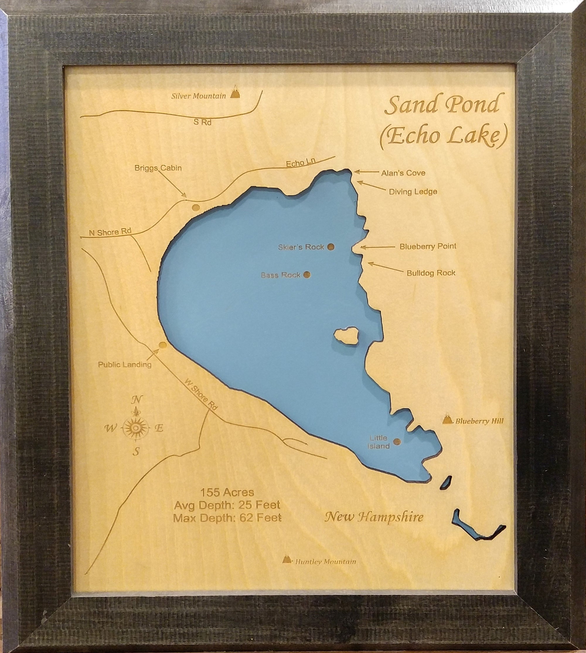 Sand Pond New Hampshire - laser cut wood map| Personal Handcrafted Displays
